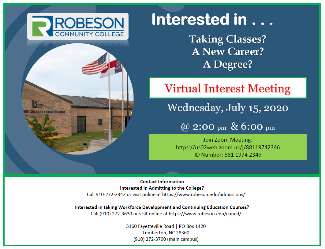 Virtual Interest Meeting July 15 | Robeson Community College : Robeson ...